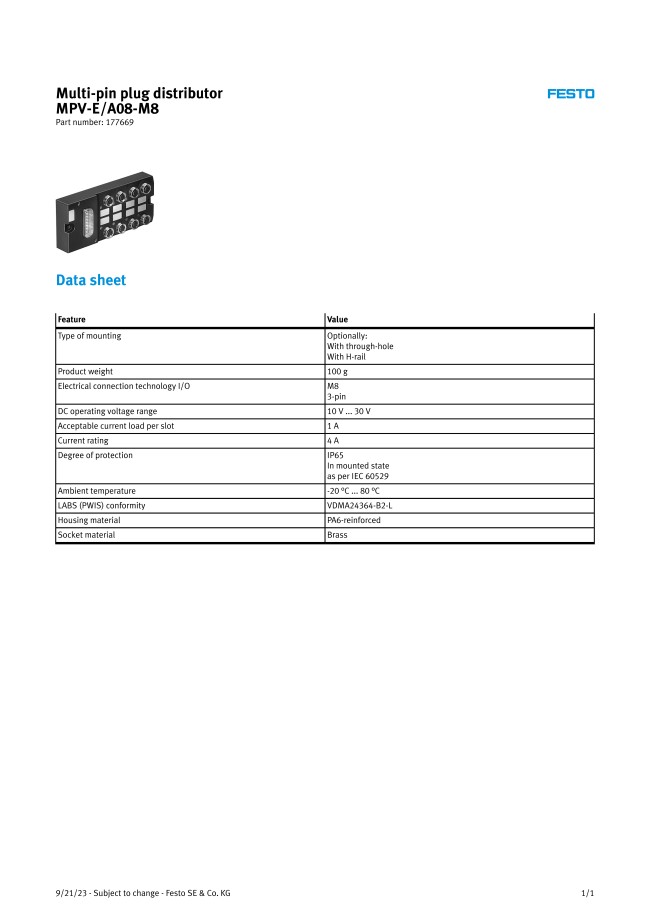Multi-pin plug distributor, MPV Series | FESTO | MISUMI South East Asia