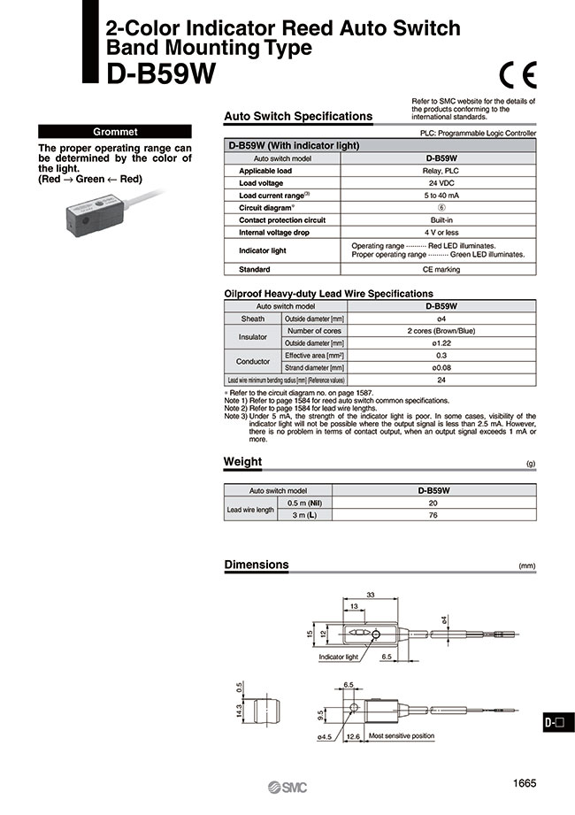 2-Color Indication Type Reed Auto Switch, Band-Mounting Style, D-B59W ...
