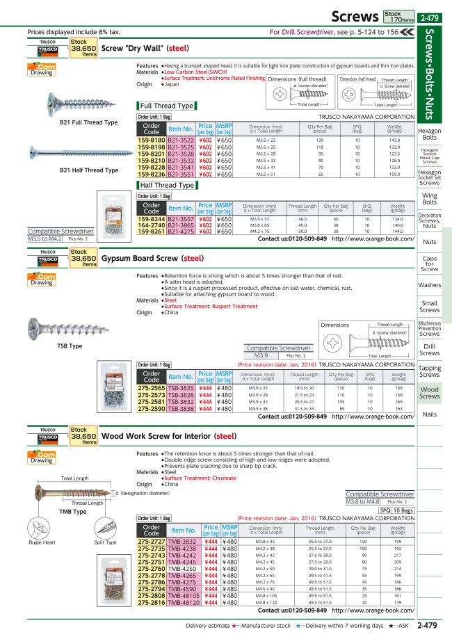 Gypsum Board Screws (Ruspert Treatment) | TRUSCO NAKAYAMA | MISUMI ...