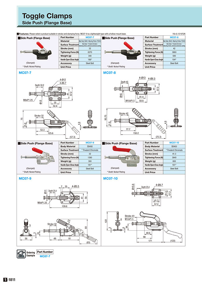 Toggle Clamp, Side Push/Pull, Flange Base, Clamp Bolt Size M8, Clamping ...